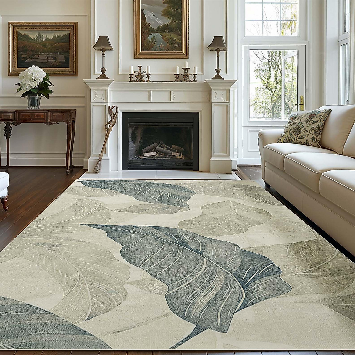 Area Rug 5x7 Tropical Leaves Modern Abstract Minimalist Aesthetic Artistic Large Carpet Non Slip Washable Indoor Rugs for Home Kitchen Living Room Bedroom Dining Room Office