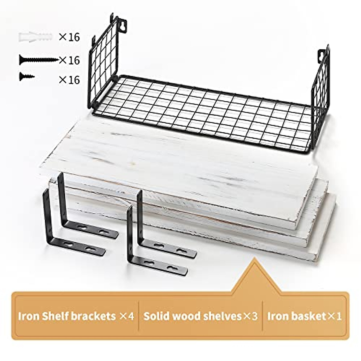 Floating Shelf ,Floating Shelves Wall Mounted Set of 3 ,Solid Wood Floating Shelves with Brackets and Basket Set,Rustic Wood Wall Shelves for Kitchen Living Room,Bedroom Shelves,Bathroom Shelf (White)