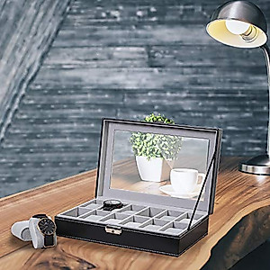 LIANTRAL Watch Box for Men, Valentine Gift for him 12 Slots Leather Watch Display Case Organizer Watch Holder, Glass Top (Black)