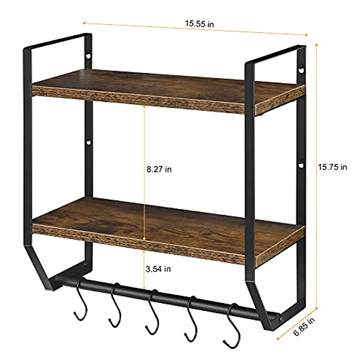 ETELI Bathroom Wall Shelf 2 Tier Towel Rack with Shelf Wall Mount Wood Storage Rack with Towel Bar, Brown
