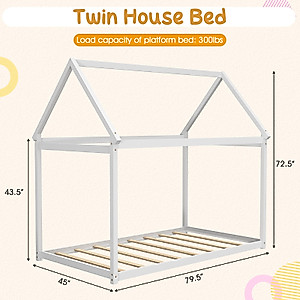 Giantex Twin House Bed, Wood Montessori Bed Frame with House Roof Canopy, Low Floor Bed with Sturdy Wood Slat Support, No Box Spring Needed, Twin Playhouse Bed for Kids Teens Boys Girls (White)