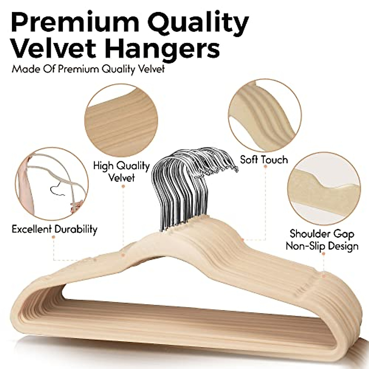 TECHZOO 50 Pack New Premium Quality Velvet Hangers Ultra Thin Non Slip Adult Felt Space Saving Hangers for Closet Heavy Duty Coat Pants Jackets Dress Hangers 360° Swivel Hook Hold Upto 10 lbs Ivory