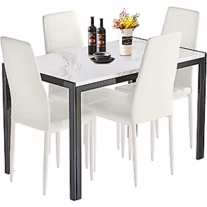 Lamerge Faux Marble Dining Table Set for 4,5 Piece Dining Room Table Set,Rectangular Table and 4 PU Leather Chairs for Living Room,Dining Room,Breakfast Nook,White&Beige, (LMDS-Wbe)