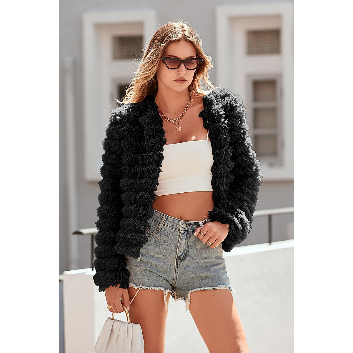 PRETTYGARDEN Womens 2024 Winter Coats Fashion Faux Fur Long Sleeve Fleece Shaggy Lightweight Fall Cropped Jacket Outerwear (Black,Medium)