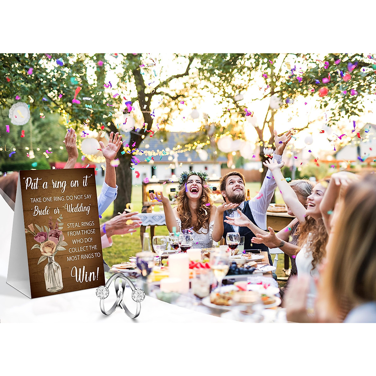 Rustic Bridal Shower Theme Decorations,Put A Ring On It Game,Don't Say Bride Games,Bridal Shower Games,Wedding Shower,Engagement Party Games(1 Sign And 50 Plastic Diamond Rings)-5