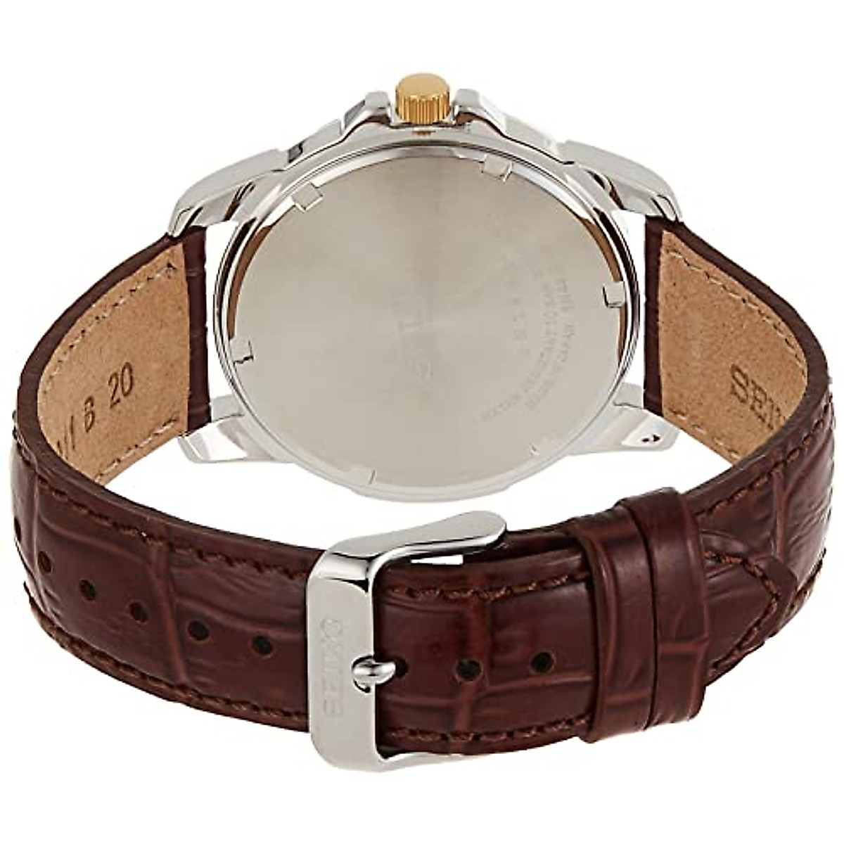 SEIKO Men's SNE102 Stainless Steel Solar Watch with Brown Leather Strap, Black