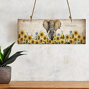 Wooden Signs 11" x 4", Retro Sunflower Sign Home Decor Wood Plaque Hanging Wall Art, Decorative Door Garden Sign with Rope, Wild Anima Elephant with Blooming Sunflowers
