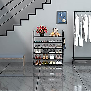 Hsscblet 6 Tiers Metal Shoe Rack,Adjustable Shoe Shelf Storage Organizer with Versatile Hooks,Stackable Boot & Shoe Storage,for Entryway,Hallway,Living Room,Closet,Black