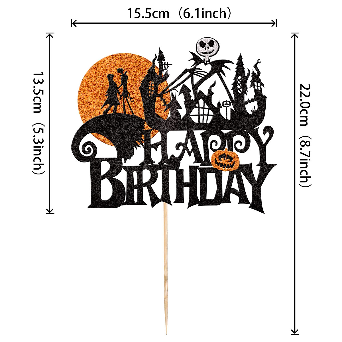 1 PCS Halloween Happy Birthday Cake Topper Glitter Jack and Sally Pumpkin Bat Castle Ghost Halloween Cake Pick for Halloween Theme Baby Shower Kids Birthday Party Cake Decorations Supplies