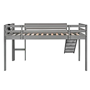 LostCat Twin Loft Bed with Slide, Wood Twin Bed Frame for Kids with Slide, Low Loft Bed with Stairs and Chalkboard, Space-Saving Wooden Child Bed Frame for Boys or Girls, Grey
