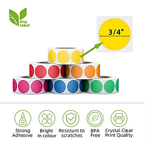 Anylabel 3/4" Round Color Coding Circle Dot Labels 3000 PCS Includes Bright Yellow Green Red Pink Orange Blue(6 Rolls,500 Labels/Roll)