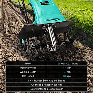 IncwBo Tiller Cultivator 17 inch 15 Amp 6 Steel Tines Tillers for Gardening Electric Rototiller for Garden Yard