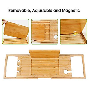 Diosbles Bathtub Caddy Tray Expandable Bamboo Bath Tub Tray Caddy Extendable Bathtub Holders Organizers with Book Ipad Holder and Phone Candle Wineglass Slots