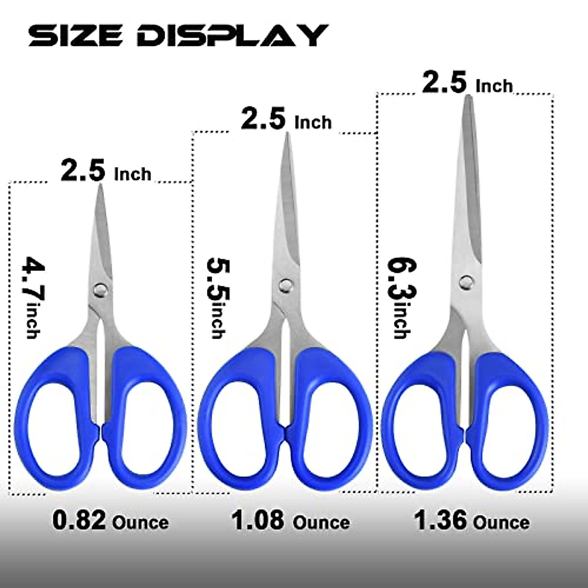 Household Scissors Set of 3, All-Purpose Scissors with Stainless Steel Razor Blades,Suitable for School, Office, Crafting and Family Daily Use, 4.7/5.5/6.3inch, Blue