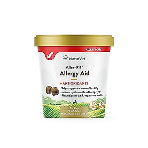 NaturVet Aller-911 Advanced Allergy Aid for Dogs, Cats – Antioxidant-Rich Pet Supplement with Omegas, DHA, EPA – Helps Support Dog Immune System, Cat Respiratory Health, Skin Moisture 70 Soft Chews