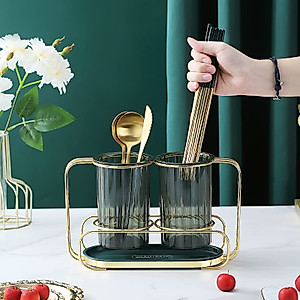 WORTHBUY Silverware Organizer Flatware Utensil Caddy Stainless Steel Kitchen Utensil Holder Cutlery Holder with DrainTray for Kitchen Countertop 2 Compartments(Gold)