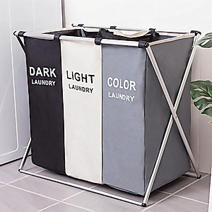 Timoau Laundry Basket - Waterproof Clothes Hamper with 3 Sections, Foldable Laundry Sorter Basket Bin w/Aluminum Frame, Laundry Hamper Ideal for Bathroom, Bedroom, Dorm