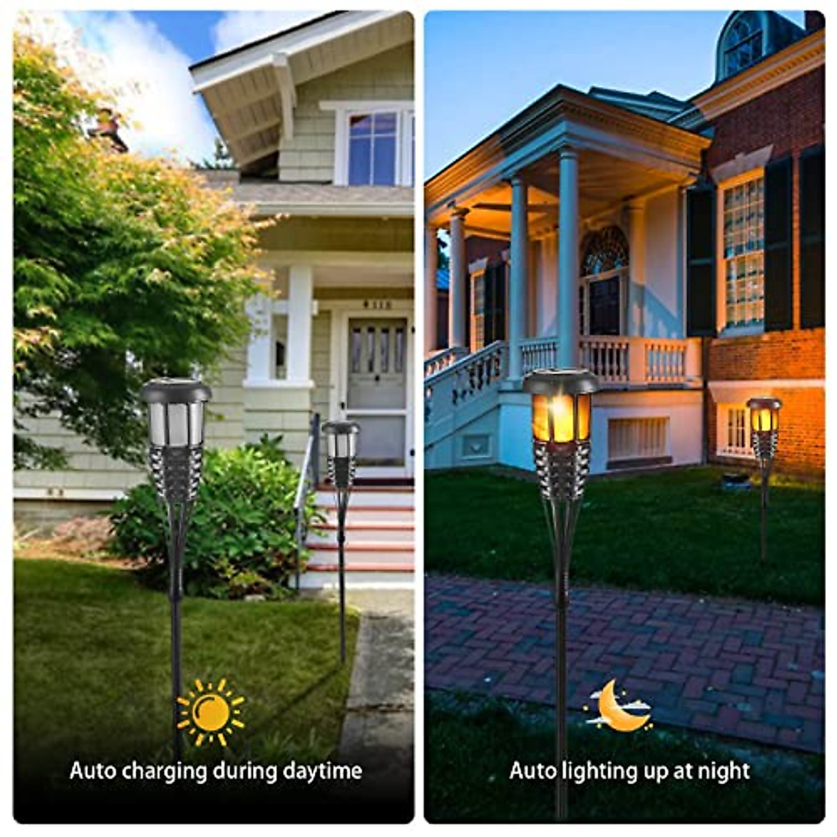 Solar Torch Light with Flickering Flame, 4 Pack Waterproof Bamboo Torches Hand-Woven Rattan Solar Tiki Torches for Outside Patio Yard Garden Lawn (Black-4 Pack)