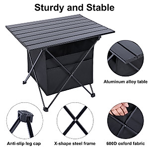 YSSOA Portable Folding Aluminum Alloy Table with High-Capacity Storage and Carry Bag for Camping, Traveling, Hiking, Fishing, Beach, BBQ, Medium, Black
