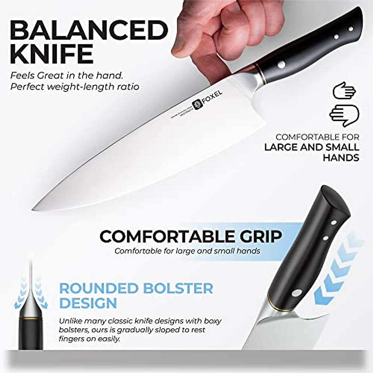 FOXEL Razor Sharp Cooking Chef Knife - Large 9 inch Kitchen Knife for Rock Chopping – Professional Rust Resistant 9 inch High Carbon German Stainless Steel – Presentation Gift Box