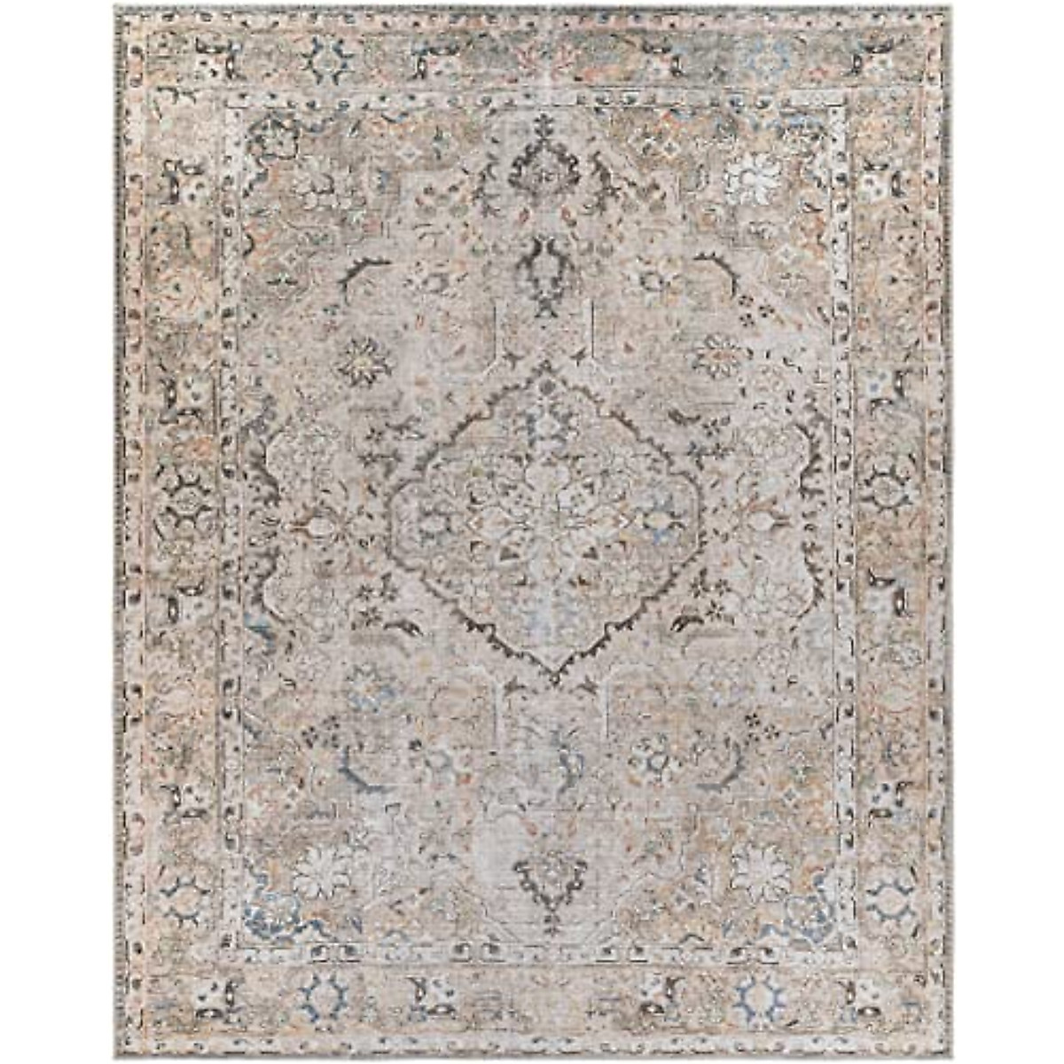 Kemer Collection Machine Washable Area Rug for Living Room Bedroom - Vintage Distressed Faded - Traditional Boho Bohemian Farmhouse Bordered Carpet - Pet Friendly - Brown, Beige, Cream - 8'10" x 12'