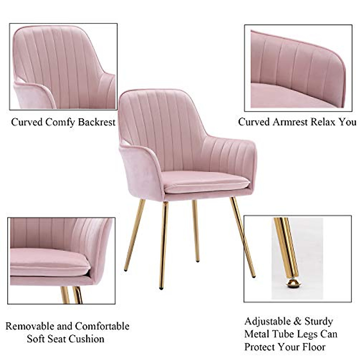 Artechworks Accent Living Dining Room Velvet Arm Chair Club Leisure Guest Lounge Bedroom Upholstered Chair with Gold Metal Legs, Pink