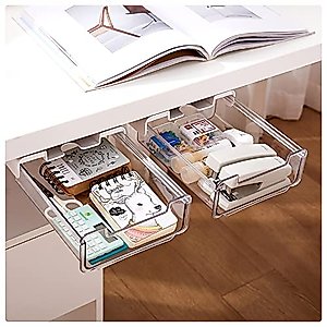 Firstsix Under Desk Drawer Pack of 2, Self-Adhesive Slide Out Storage Drawer Under the Desk, Clear Plastic Under Shelf Attachable Hidden Drawer Tray for Office