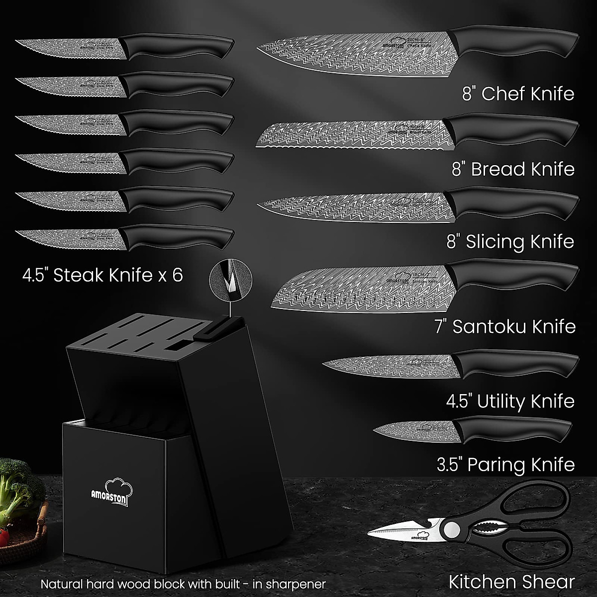 Two 15 Pieces Knife Sets, Elegant Black + Damascus Pattern