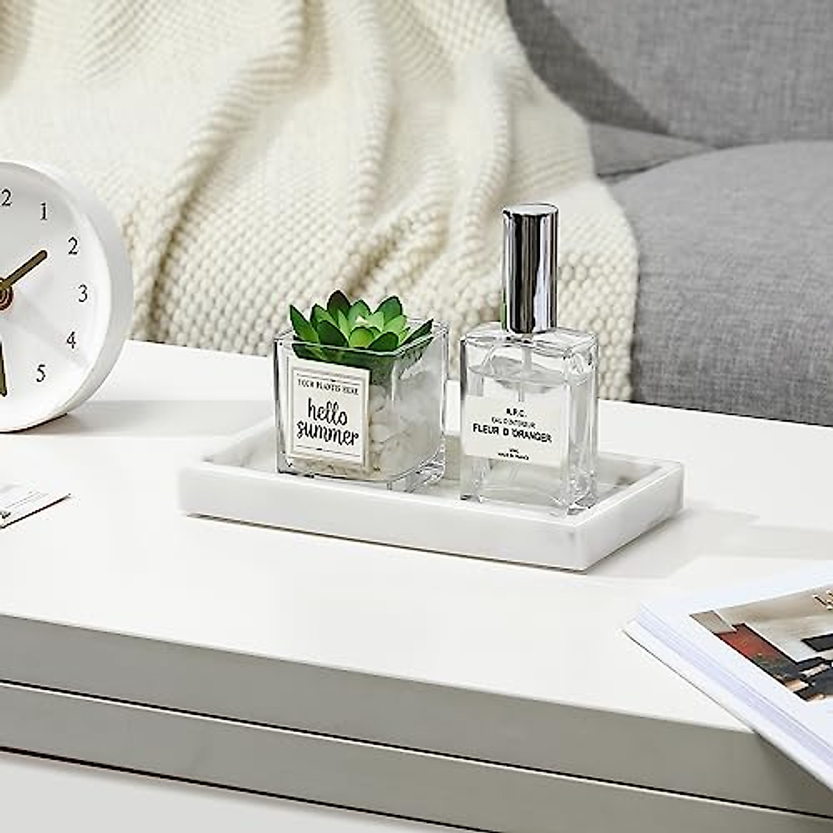 Emibele Vanity Tray, 8" Rectangular Resin Bathroom Kitchen Sink Counter Organizer Tray Dresser Tray Jewelry Ring Dish Holder Cosmetic Tray for Perfume Candle Small Plant Home Decor, Mini, Marble White