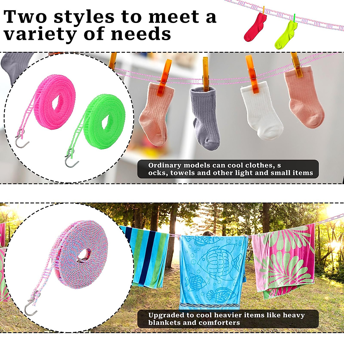 3 Pack Windproof Portable Clotheslines with Hooks 16.4ft Clothes Drying Rope Laundry Line Adjustable Non-Slip Clotheslines for Outdoor Indoor Travel Laundry Drying Hanging Clothes