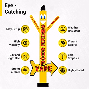 20ft Vape Smoke Shop Air Inflatable Tube Man Dancer with Arrow | Eye-Catching Hookah Hand Pipes Sky Wacky Waving Ultimate Brand Visibility | Both Side Printed Yellow | Cmpt. 18-inch (Without Blowers)