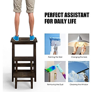 GLACER 3-Tier Folding Step Stool, Portable Wood Step Ladder for Adults & Kids, 3-in-1 Storage Shelf Flower Rack Foot Stool, Ideal for Home, Kitchen, Library (Brown)