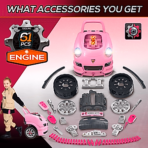 Qaba Kids Truck Engine Toy, Kids Mechanic Car Repair Set, Engine Disassembly Play Workshop, Includes 61 Pieces, Steering Wheel, Horn, Light for 3-5 Years Old, Red