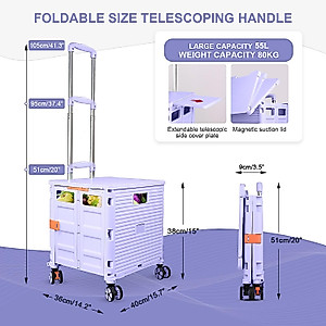 Foldable Utility Cart Collapsible Portable Tool Cart with Wheels Tote Basket,176LBS Load Capacity,Magnetic Lid Telescopic Cover with 360° Wheels Telescoping Handle for Grocery Laundry Luggage,Purple