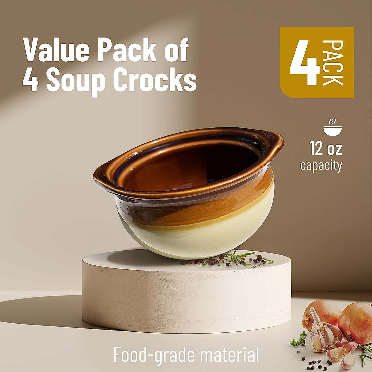 Furmaware French Onion Crock Soup Bowls, French Onion Soup Bowls, French Onion Soup Crocks Oven Safe, French Onion Soup Bowls Oven Safe, Set of 4, 12 ounces - 4 ½” x 2 ½”