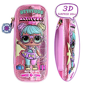 L.O.L. Surprise! Pencil Case for Kids, 3D Embossed Large Capacity Portable Pen Pouch with Compartment, Cute Zipper Storage Pencil Bag Stationery Box