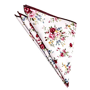 ZENXUS Mens Cotton Skinny Rose Floral White Tie Combo Set with Flower Pocket Square