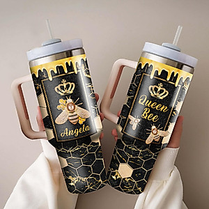 WAZONE Personalized Queen Bee Tumbler with Handle and Straw 40oz Custom Name Double Wall Vacuum Stainless Steel Travel Coffee Mug Novelty Jewelry Style Birthday Gift For Bee Keeper Girls Women