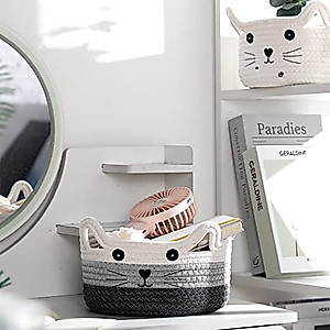 Cat Basket Storage Woven Basket Organizer with Ears Decorative Pet Toy Cute Basket Cotton Rope Basket for Gifts Cat Dog Toy Bin Nursery Room Kids Toy (White, Light Gray and Gray, 8.3 x 4.7 Inch)