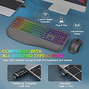Wireless Keyboard and Mouse Combo with 7 Colors Backlit, Wrist Rest, 2.4G Rechargeable Ergonomic Full Size Light Up Wireless Keyboard and Mouse Set for Computer, PC, Mac, Laptop, Chromebook (Grey)
