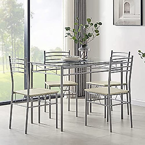 VECELO Kitchen Dining Room Table and Chairs 4, 5-Piece Dinette Sets, Space Saving (Silver), Silvery