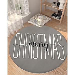 Merry Christmas Fluffy Round Area Rug Carpets 4ft, Plush Shaggy Carpet Soft Circular Rugs, Non-Slip Fuzzy Accent Floor Mat for Living Room Bedroom Nursery Home Decor Grey Xmas Winter Holiday