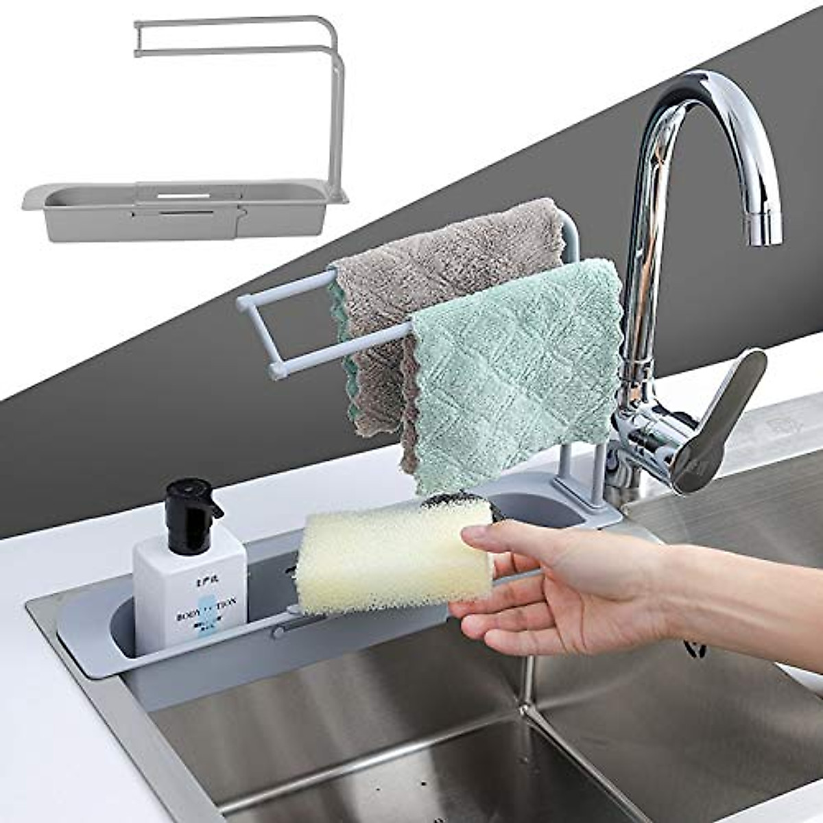 Telescopic Sink Holder,Expandable Storage Drain Basket Rack, Adjustable Expandable Sponge Soap Holder Drainer Sink Tray with Dishcloth Drying Rack for Home Kitchen Sink (Gray)