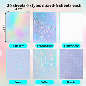 36 Sheets Holographic Sticker Paper Holographic Clear Vinyl Self Adhesive Waterproof Transparent Laminating Sheets Rainbow Overlay with A4 (11.7 x 8.3 Inch) 6 Styles Mixed