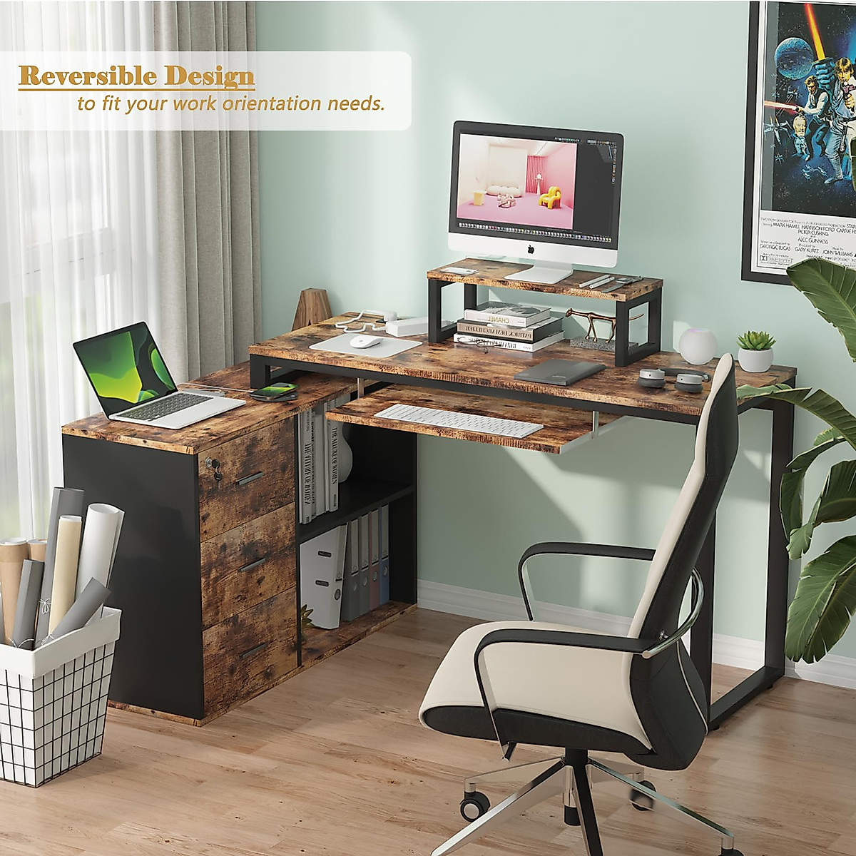 Hsozptry L Shaped Desk with Power Outlet & Drawers, Reversible Corner Computer Desk with Keyboard Tray, Monitor Stand & Storage Shelve, Large Home Office Desk, Rustic Brown