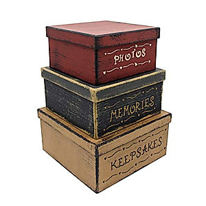 CVHOMEDECO. Primitive Vintage Square Photos, Memories, Keepsakes Cardboard Nesting Boxes, Large 9 X 9 X 4-1/2 Inch. Set of 3.