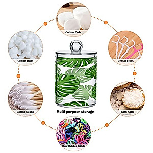 Kigai Tropical Palm Leaves Qtip Holder Dispenser - 14OZ Clear Plastic Apothecary Jars Food Storage Jar with Lids Bathroom Canister Organizer for Coffee, Tea, Candy, Floss (2Pack)