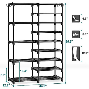 Raybee 9 Tier Shoe Rack for Entryway 35 Pairs, Stackable Metal Shoe Rack for Closet, Sturdy Shoe Organizer for Entryway Closet, Shoe Shelf Closet Shelf Organizer with 4 Hooks, 55.6"x34.6"x12.2"