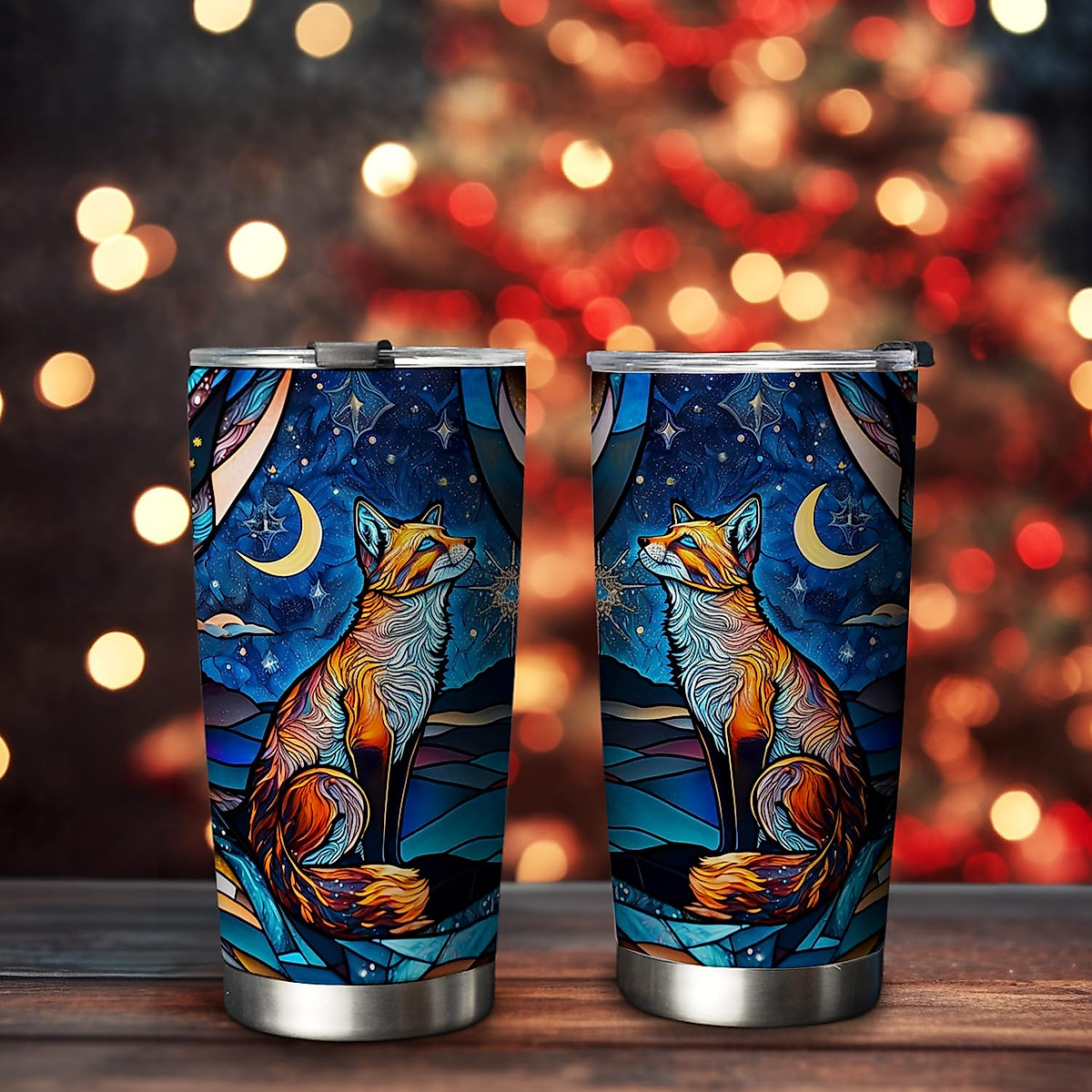 20oz Starry Moonlight Night Fox Tumbler, Gifts for Fox Lovers, Coffee Thermos for Women, Stainless Steel Double Wall Vacuum Insulated Coffee Mug, Travel Cup with Lid