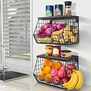 Mefirt 2pcs Fruit Basket Onion Storage Wire Baskets with Wood Lid, Stackable Wall-mounted & Countertop Tiered Kitchen Counter Organizer for Snack, Fruit and Vegetable Storage, 11.8 * 7.9 * 8.5 Inches